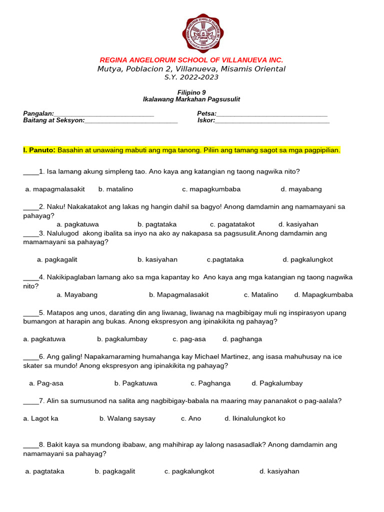 Ras - G9 Andrew Exam | PDF