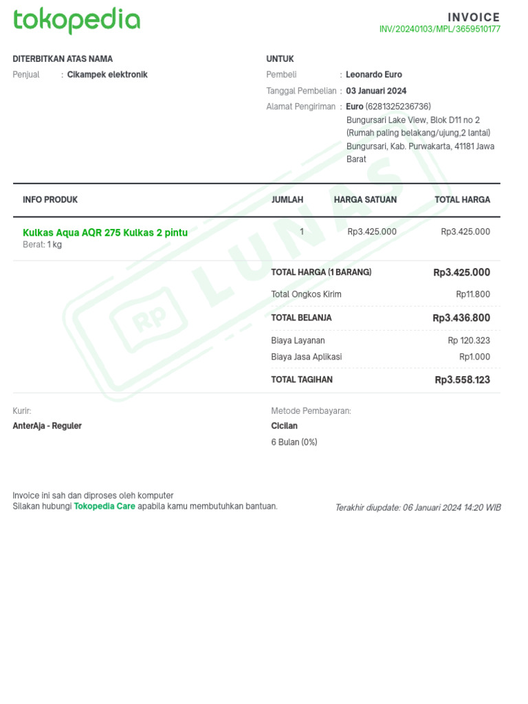 Kulkas Aqua Invoice | PDF