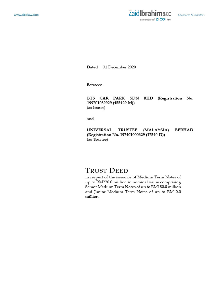 BTS Car Park - Trust Deed Dated 31.12.2020 | PDF | Debt | Securities ...