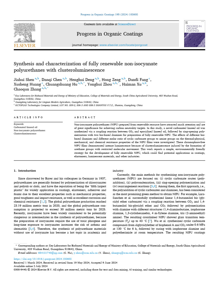 Synthesis and Characterization of Fully Renewable Non-Isocyanate ...