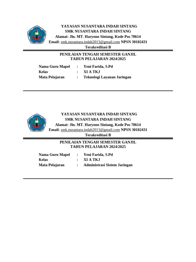 Kop Surat Yeni Farida, S.PD | PDF