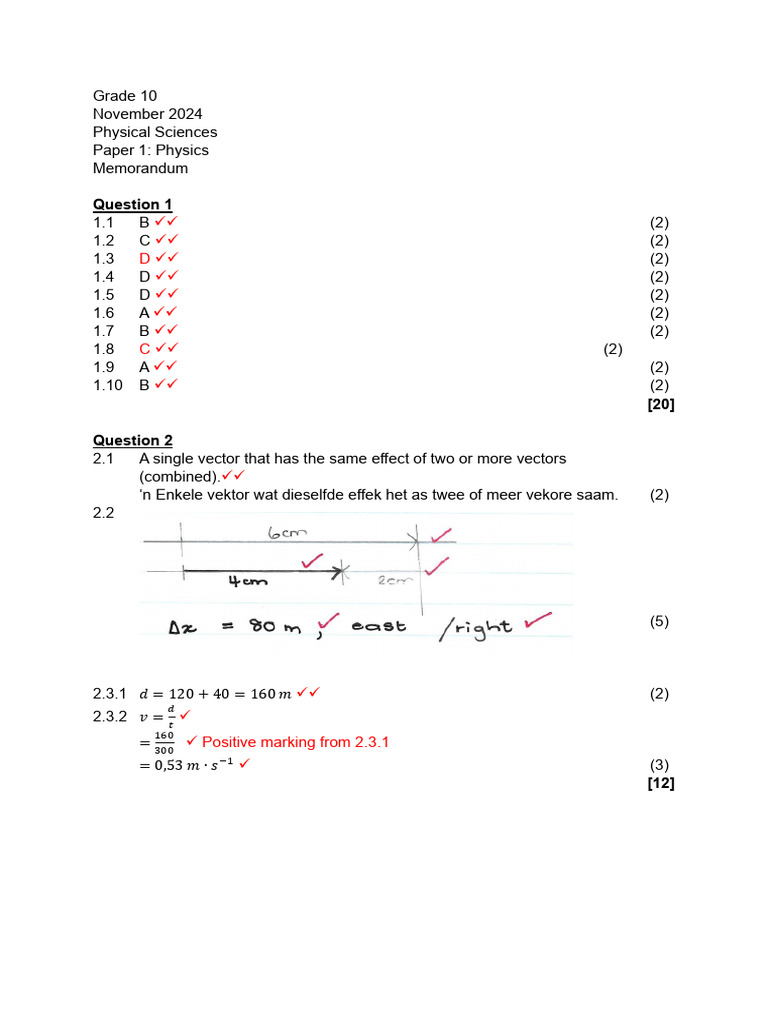 Grade 10 PHSC Paper 1 Memo | PDF | Classical Mechanics | Physical Sciences