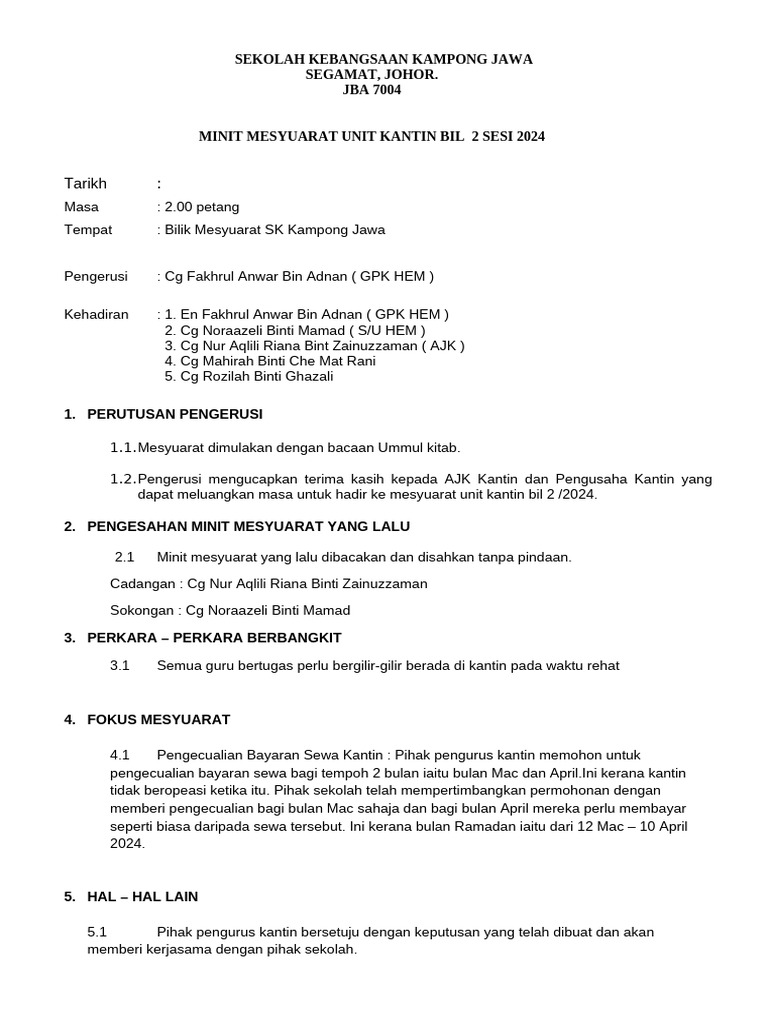 Minit Mesyuarat Kantin Bil 2 (2024) | PDF