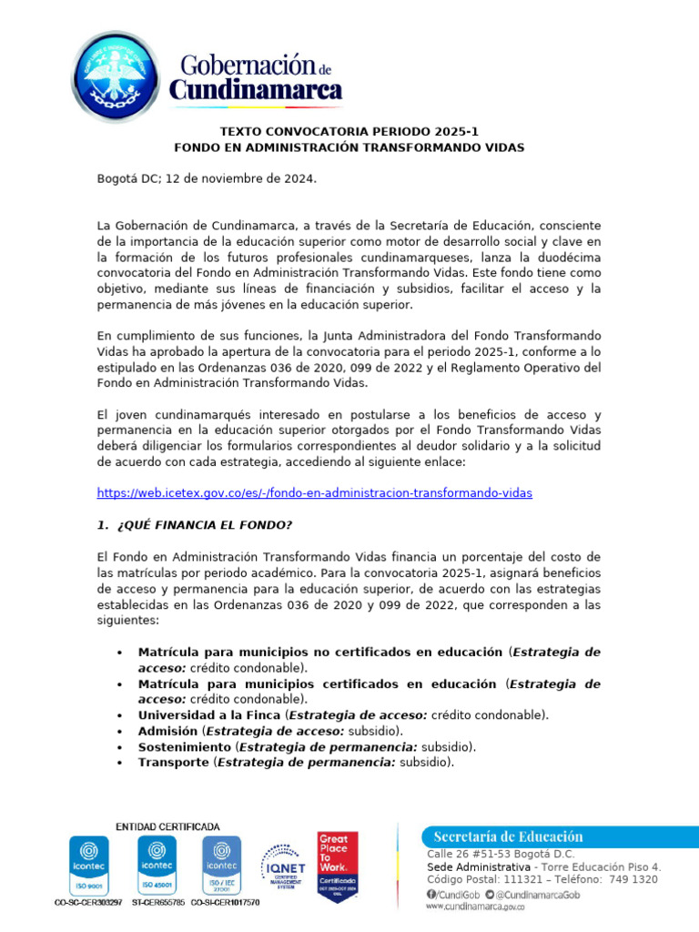 Convocatoria Fondo Transformando Vidas 2025-1 | PDF | Documento de identidad | Bogotá