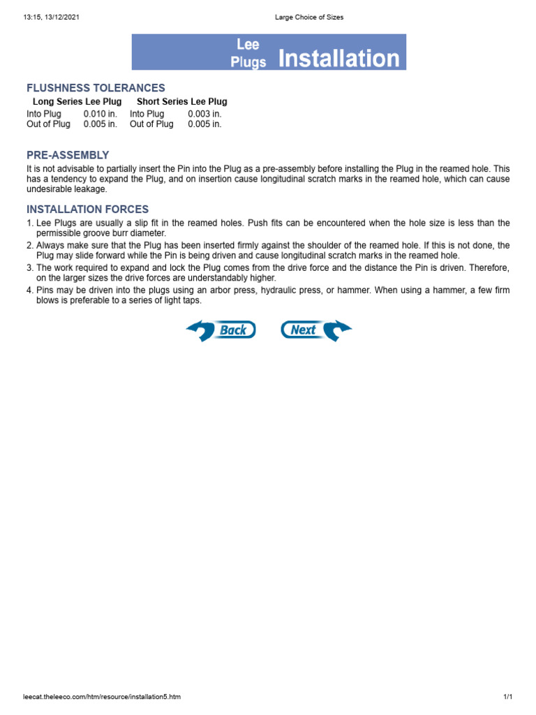 Flushness Tolerances: Long Series Lee Plug Short Series Lee Plug | PDF