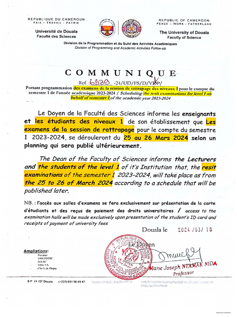 Programmation Des Examens de La Session de Rattrapage Des Niveaux 1 | PDF