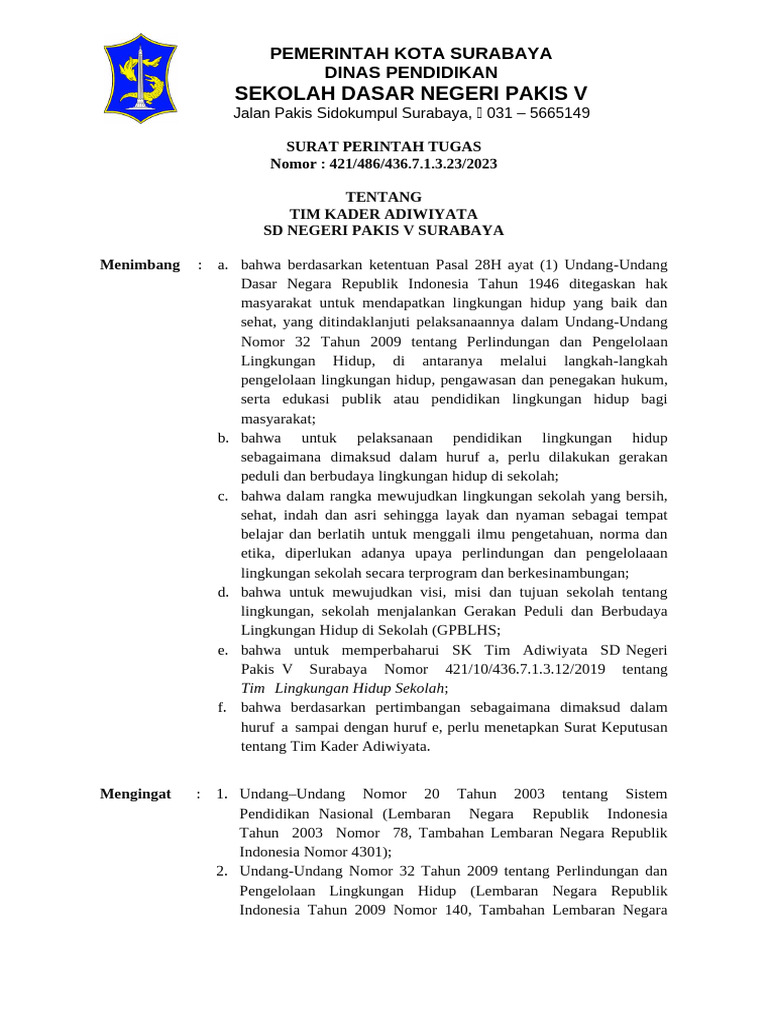 SK Tim Kader Adiwiyata | PDF