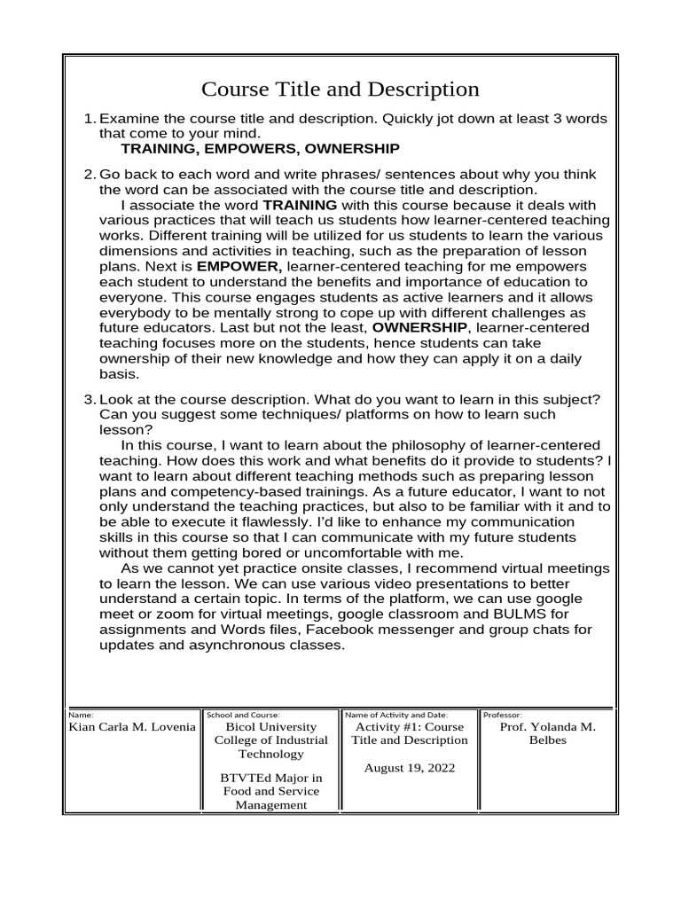 Learner-Centered Teaching Course | PDF | Human Communication | Behavior Modification