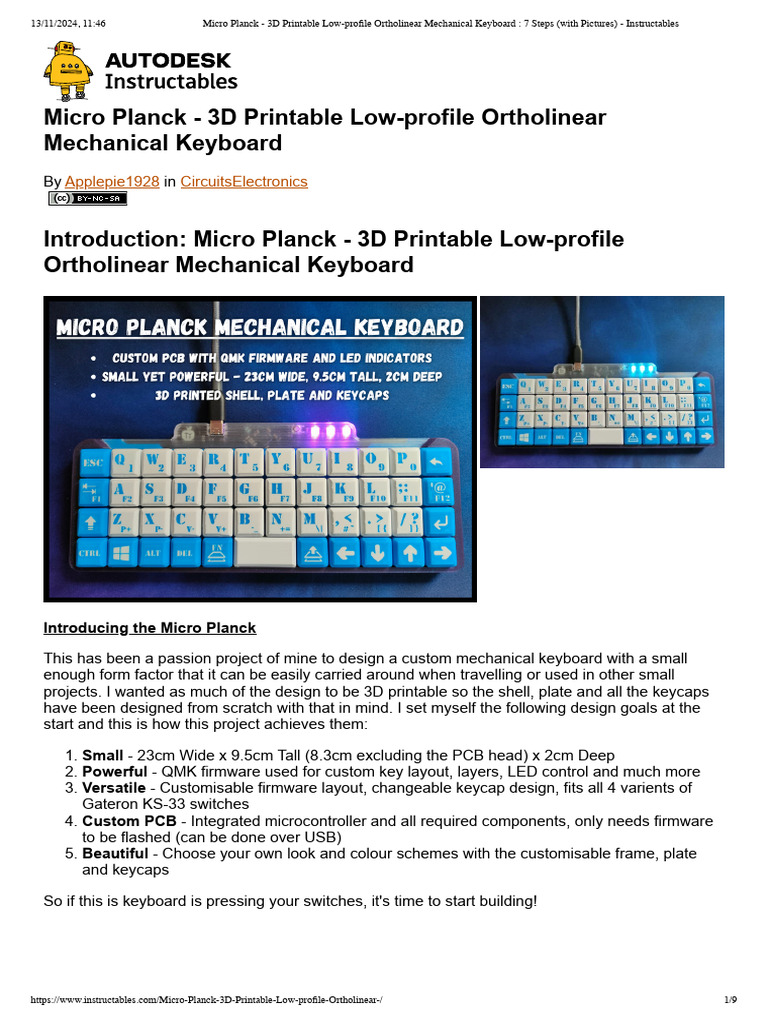 Micro Planck - 3D Printable Low-Profile Ortholinear Mechanical Keyboard ...