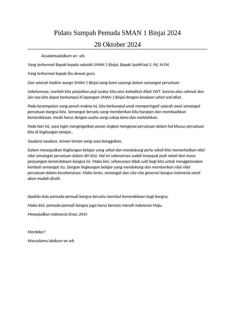 Pidato Sumpah Pemuda SMAN 1 Binjai 2024 | PDF