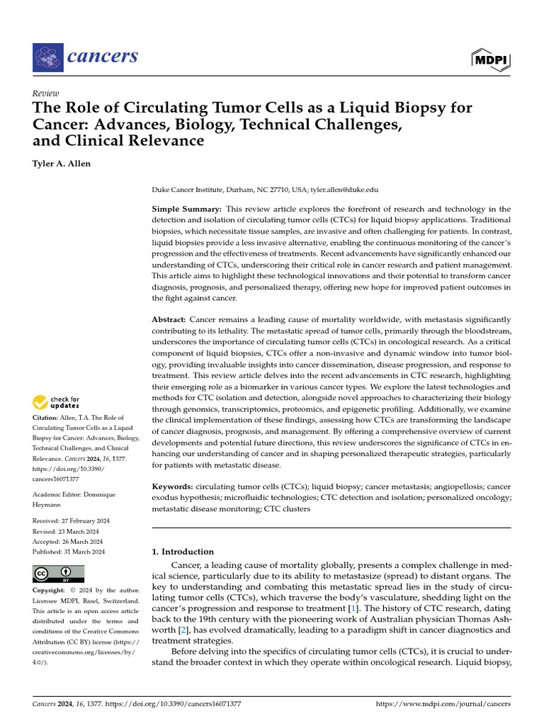 The Role of CTC As Liquid Biopsy | PDF | Biopsy | Metastasis