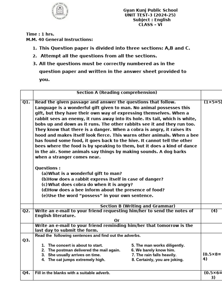 Class VI(English) U.T 3 | PDF | Linguistics