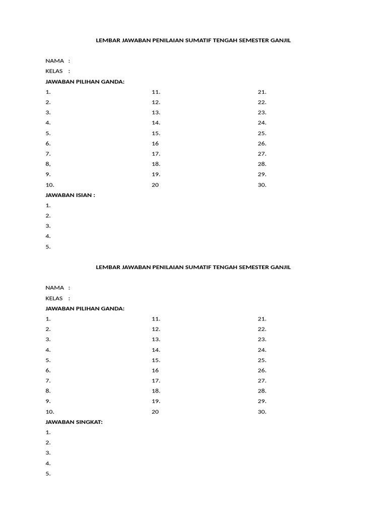 Lembar Jawaban Penilaian Sumatif Tengah Semester Ganjil | PDF
