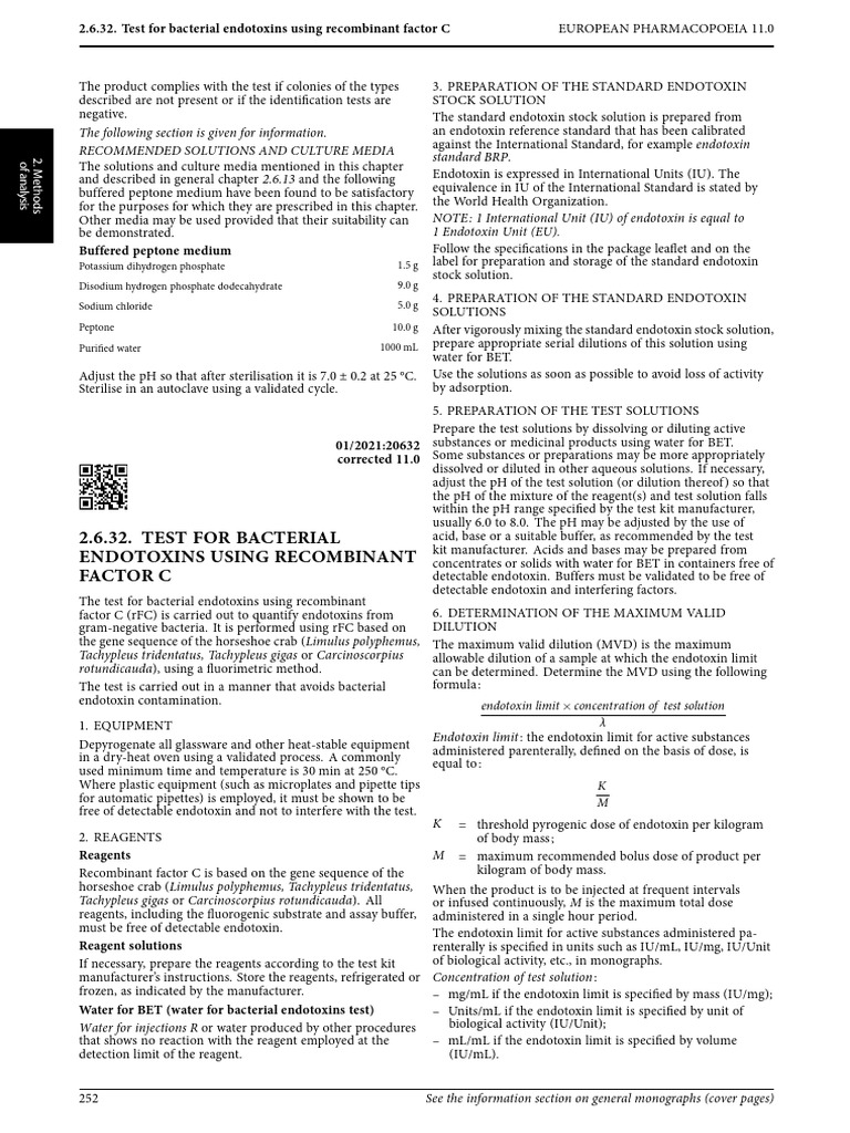 2 6 32 Test For Bacterial Endotoxins Using Recombinant Factor C | PDF ...