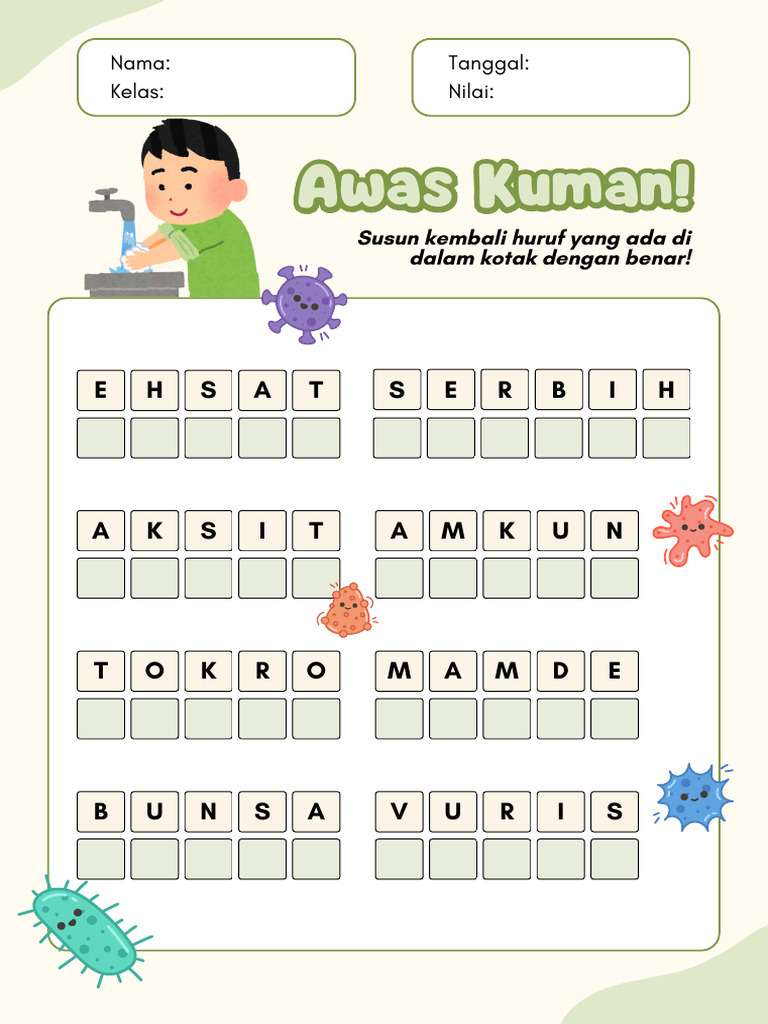 Belajar Menyusun Kata Awas Kuman Lembar Kerja Putih Bahasa Indonesia ...