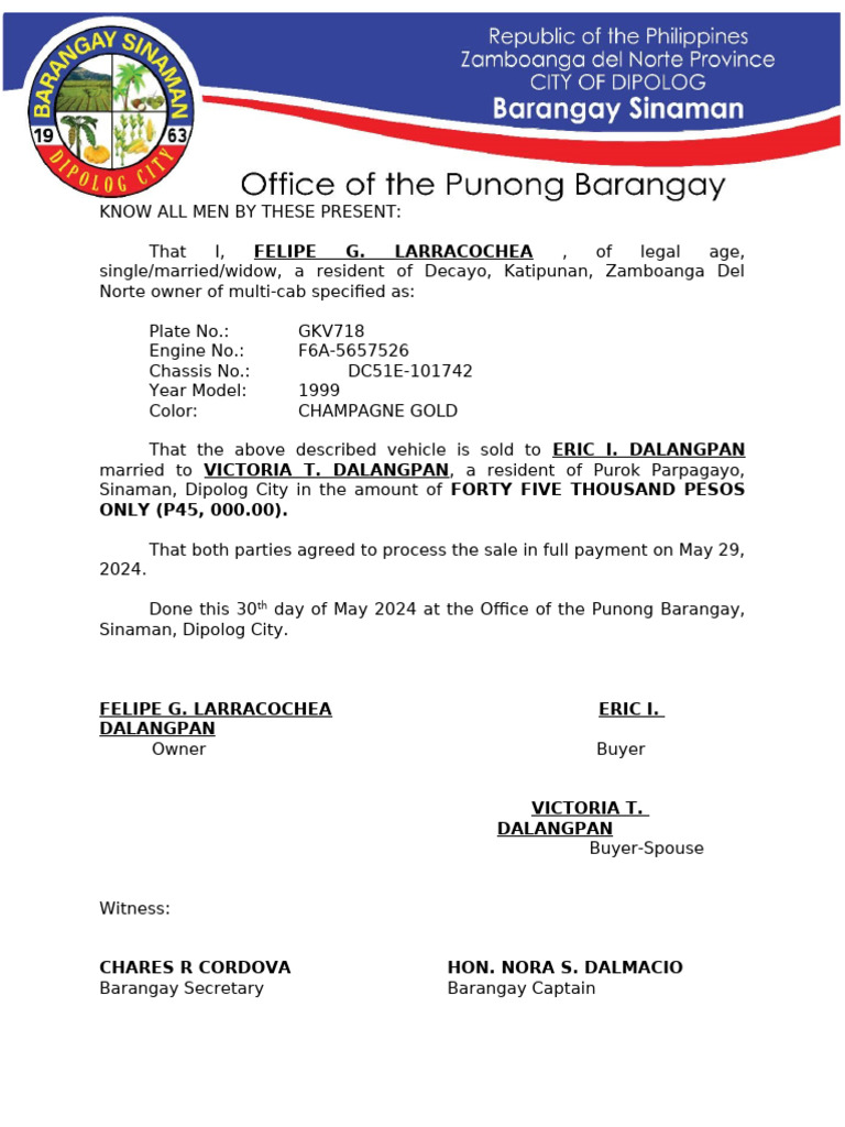 Aggreement Larracochea Dalangpan | PDF