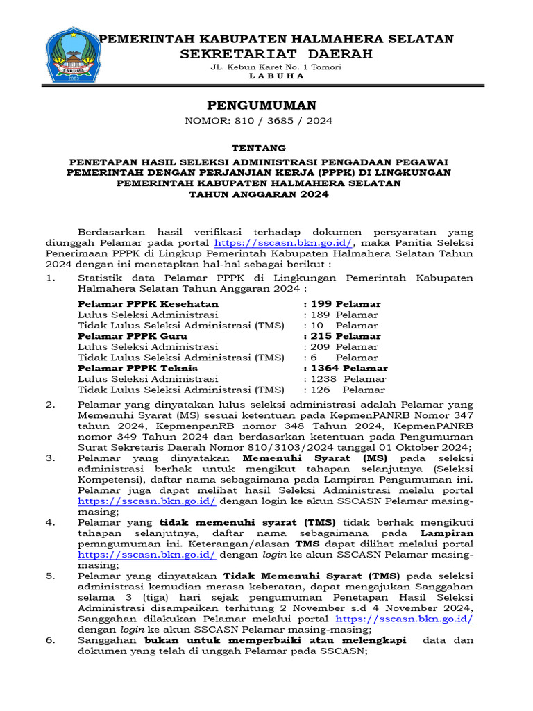 Pengumuman Hasil Seleksi Adm PPPK Pemkab Halsel Ta 2024 | PDF