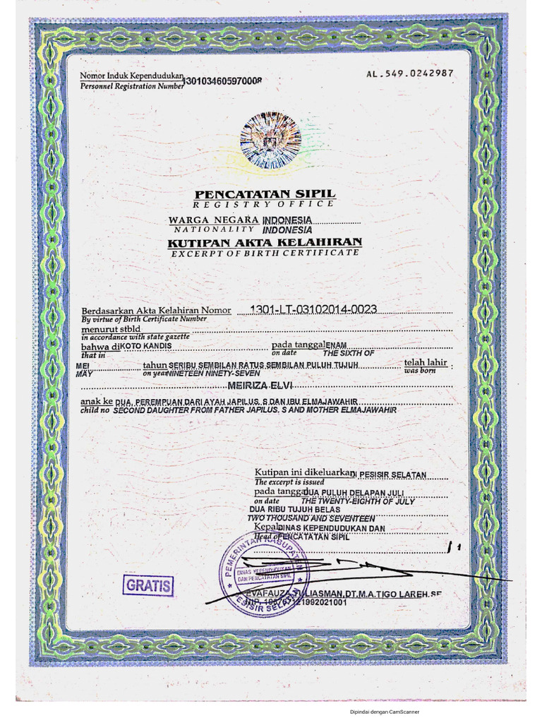 Akta Kelahiran Meiriza Elvi | PDF
