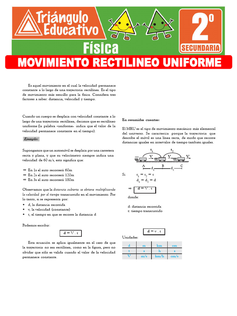 MRU para Segundo Grado de Secundaria | PDF | Velocidad | Trayectoria