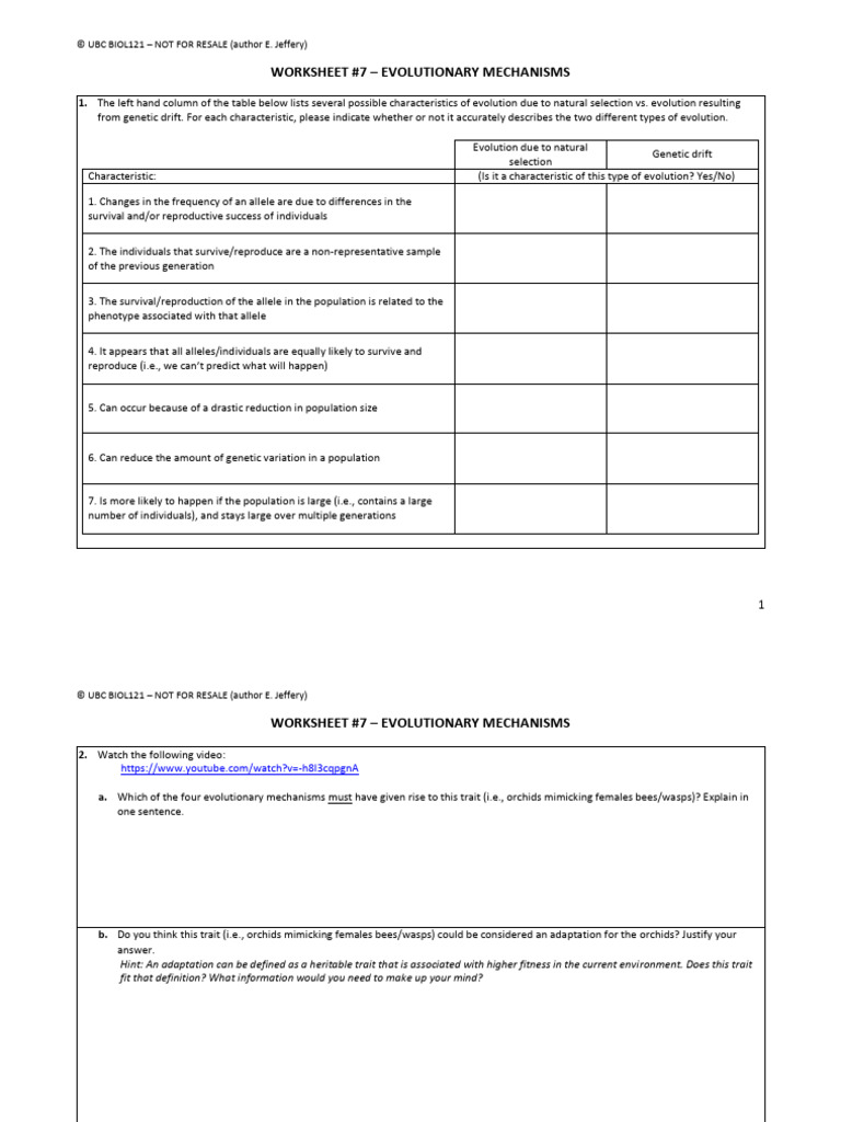 Worksheet #7 - Evolutionary Mechanisms - Natural Selection and Genetic ...