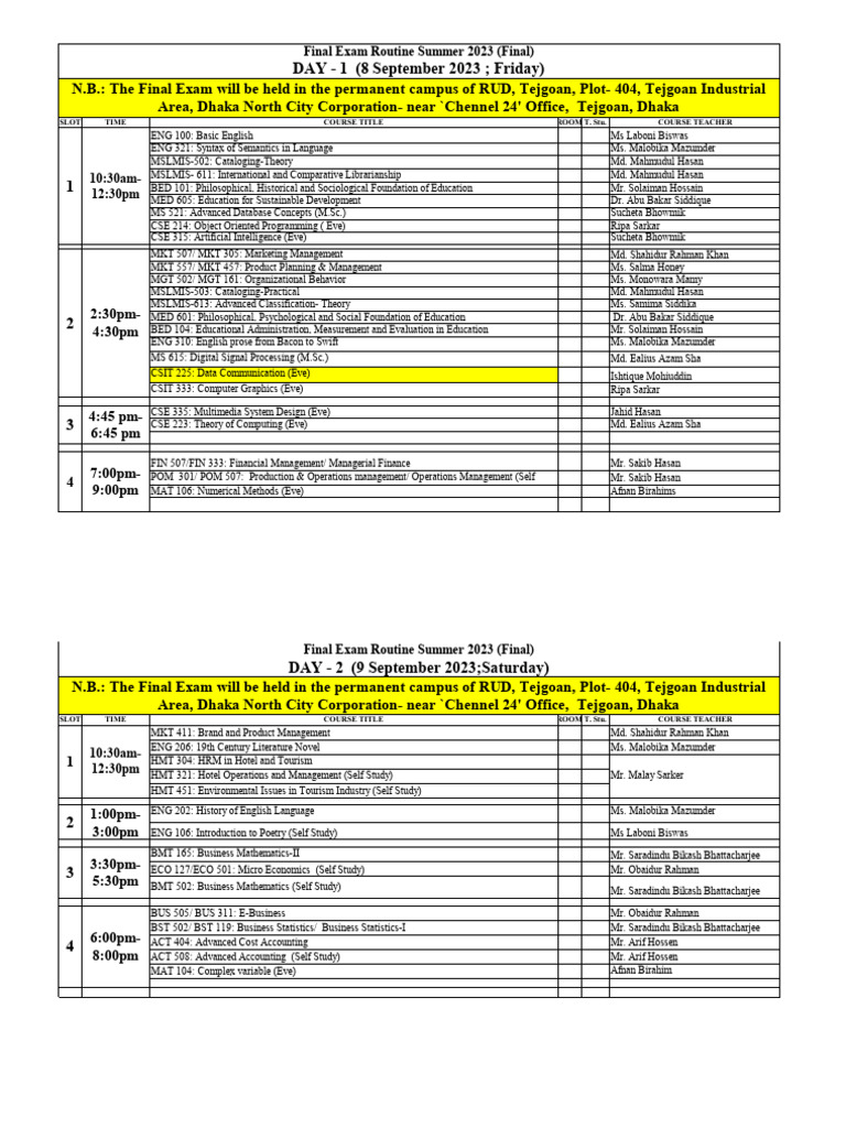 RUD Summer 2023 Exam Schedule | PDF