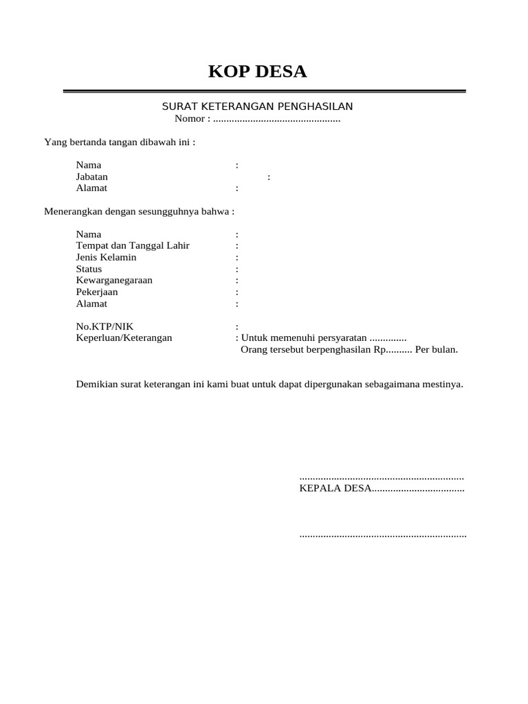 KOP DESA Surat Pernyataa Penghasilan COTA Dari Desa Untuk Non PNS | PDF