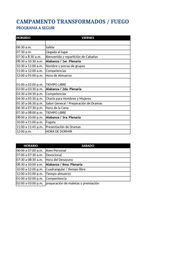 Cronograma Campamento 2024 | PDF | Cocina | Platos con carne
