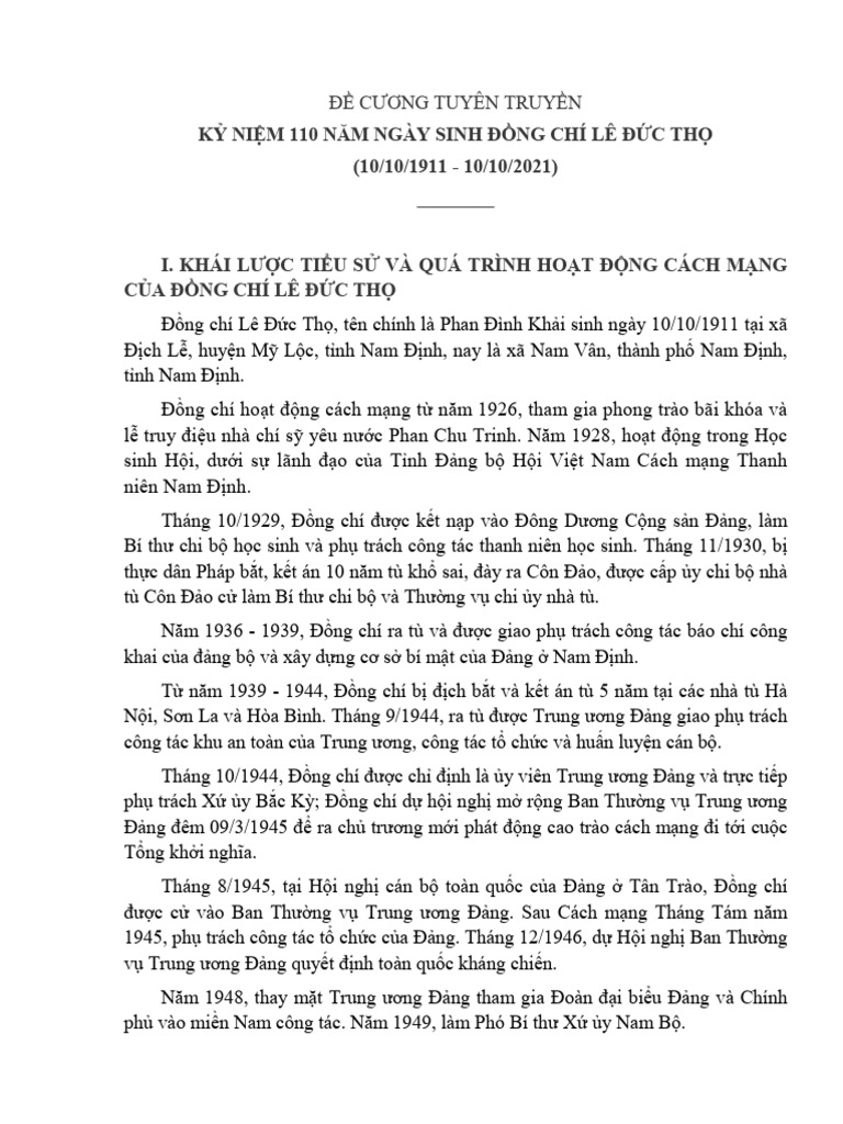 De Cuong Tuyen Truyen Ky Niem 110 Nam Ngay Sinh Dong Chi Le Duc Tho | PDF