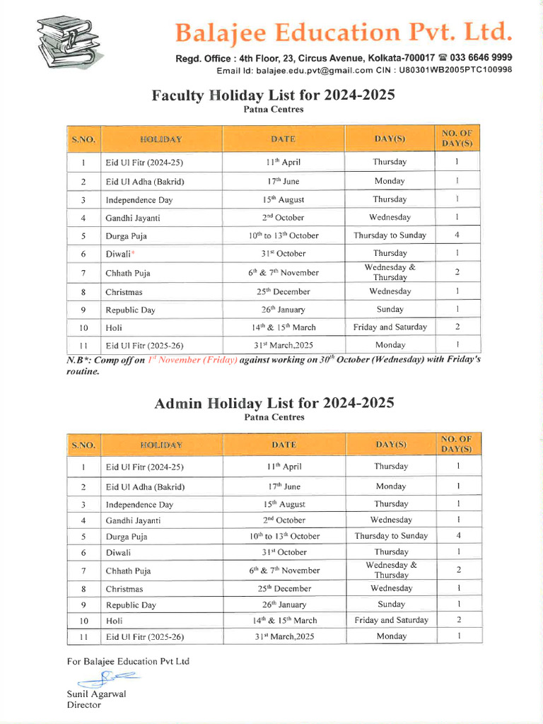 Holiday List 2024 2025 Patna Centers 1 | PDF