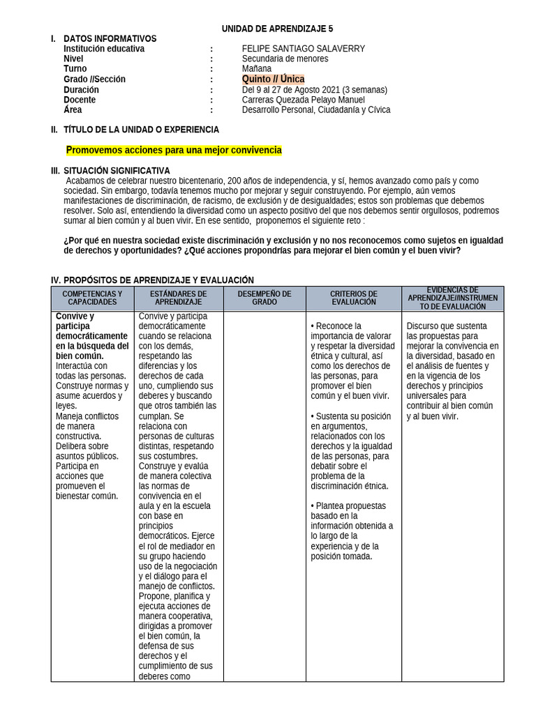 Unidad de Aprendizaje 5 DPCC 5° | PDF | Discriminación | Evaluación