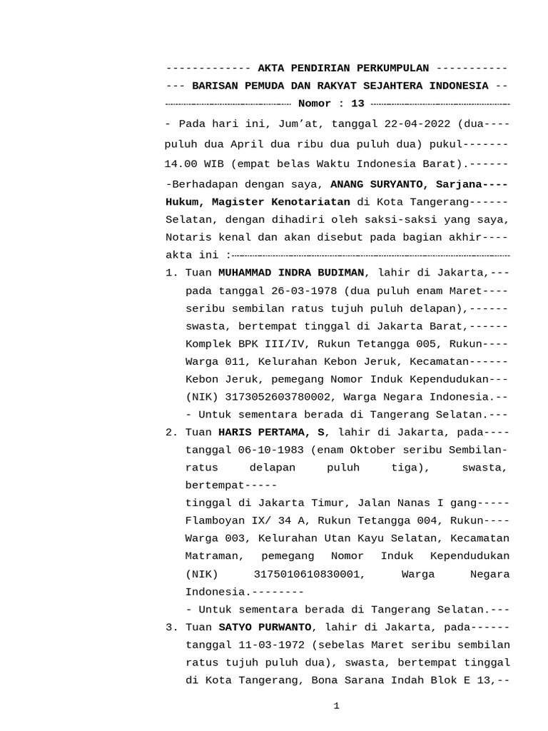 AKTA PENDIRIAN PERKUMPULAN BARISAN PEMUDA DAN RAKYAT SEJAHTERA INDONESIA. Ref - Jadi. KUMHAM | PDF