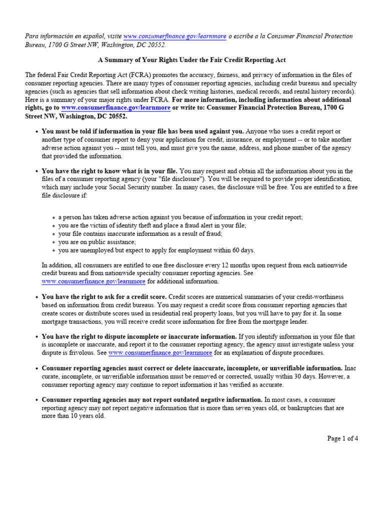A Summary of Your Rights Under The Fair Credit Reporting Act | PDF ...