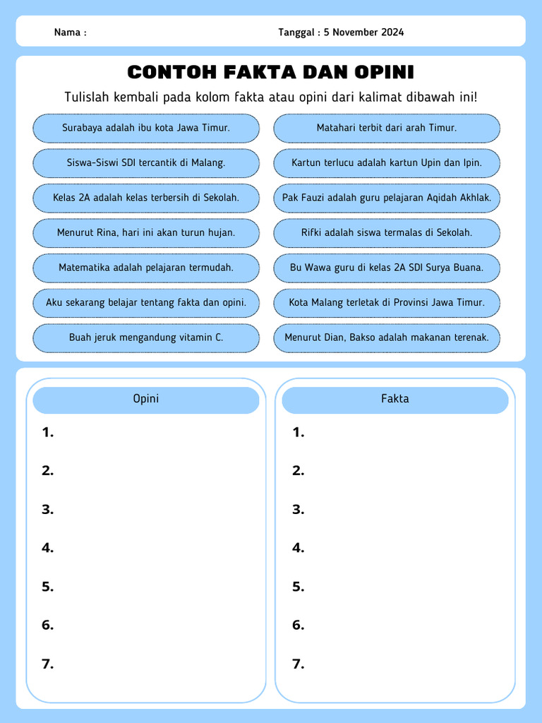 Contoh Fakta Dan Opini: Tulislah Kembali Pada Kolom Fakta Atau Opini Dari Kalimat Dibawah Ini! | PDF