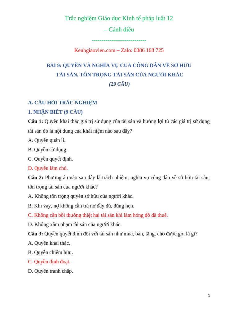 TN GDKTPL 12 CD Bai 9 Quyen Va Nghia Vu Cua Cong Dan Ve So Huu Tai San Ton Trong Tai San Cua ...