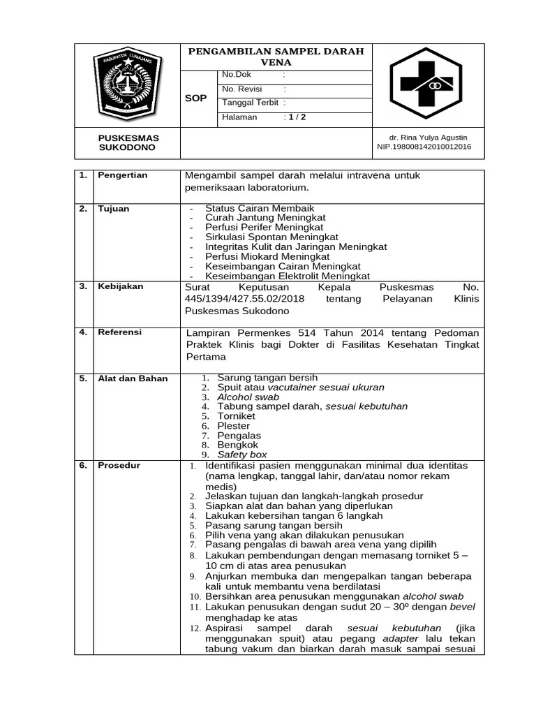 Prosedur Pengambilan Sampel Darah Vena | PDF