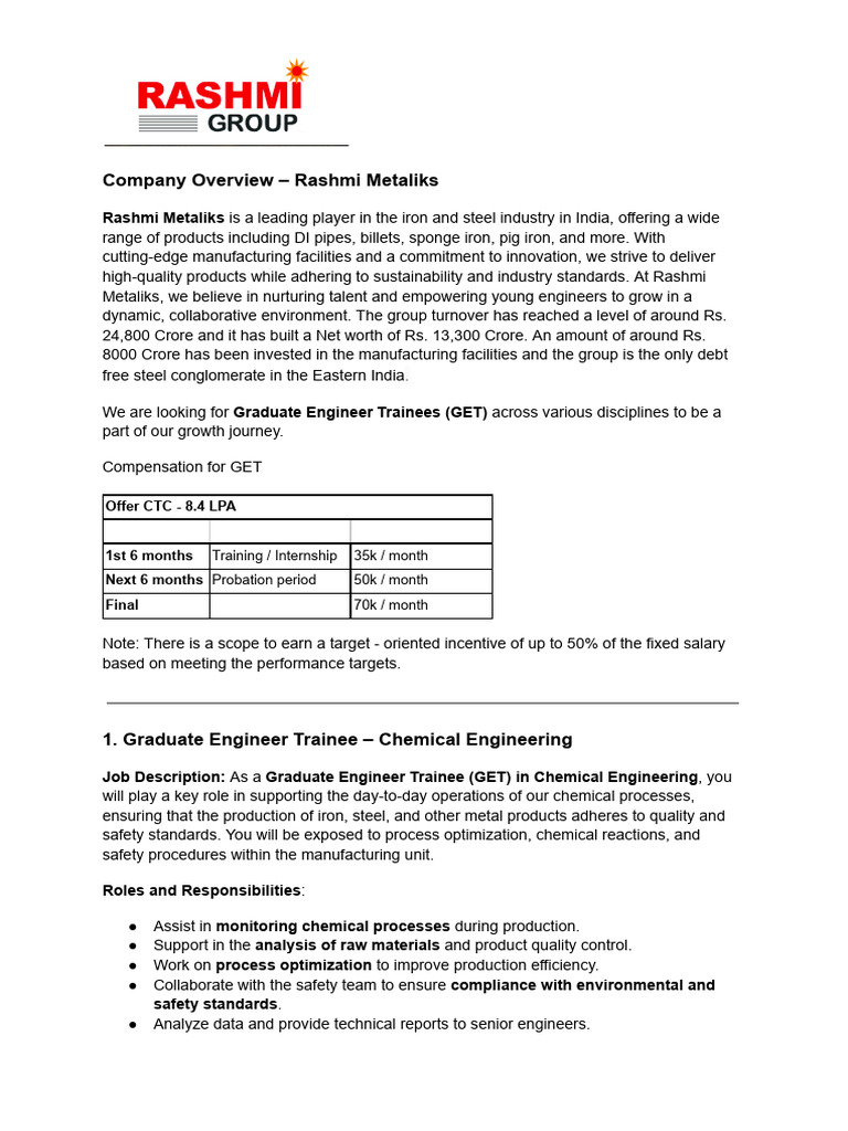 Rashmi Metaliks Graduate Engineer Trainee Roles | PDF | Metallurgy ...