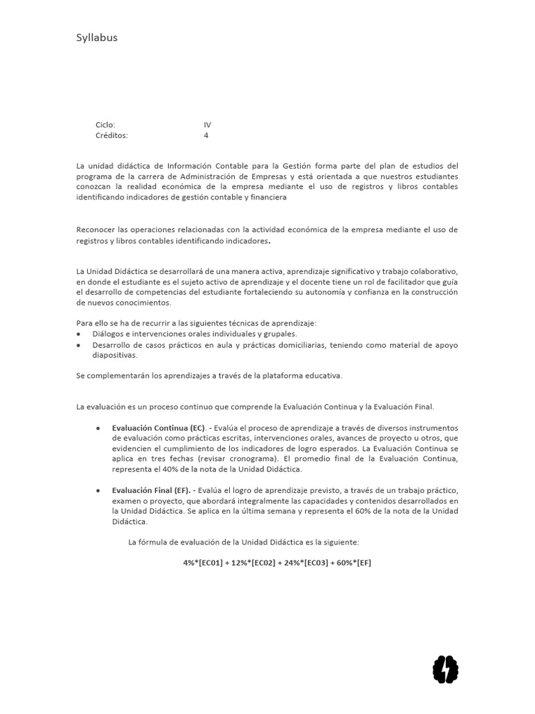 Sílabo Información Contable para La Gestion | PDF | Evaluación | Contabilidad