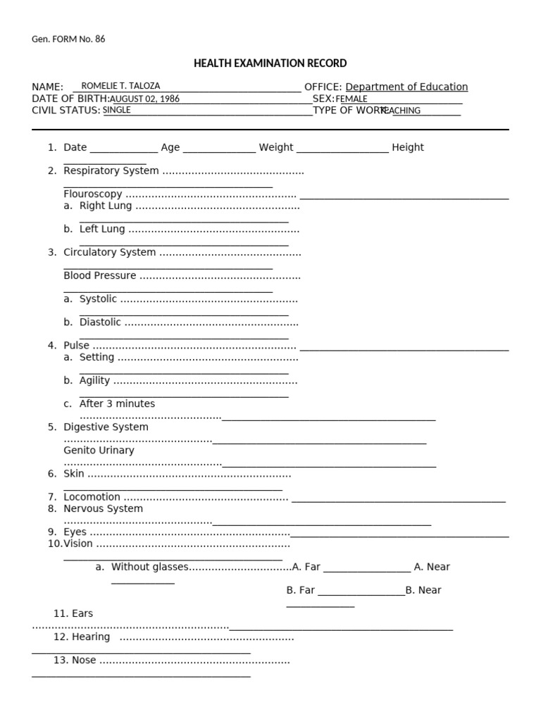 Form 86 Health Examination Record FOR REINSTATEMENT | PDF | Blood ...
