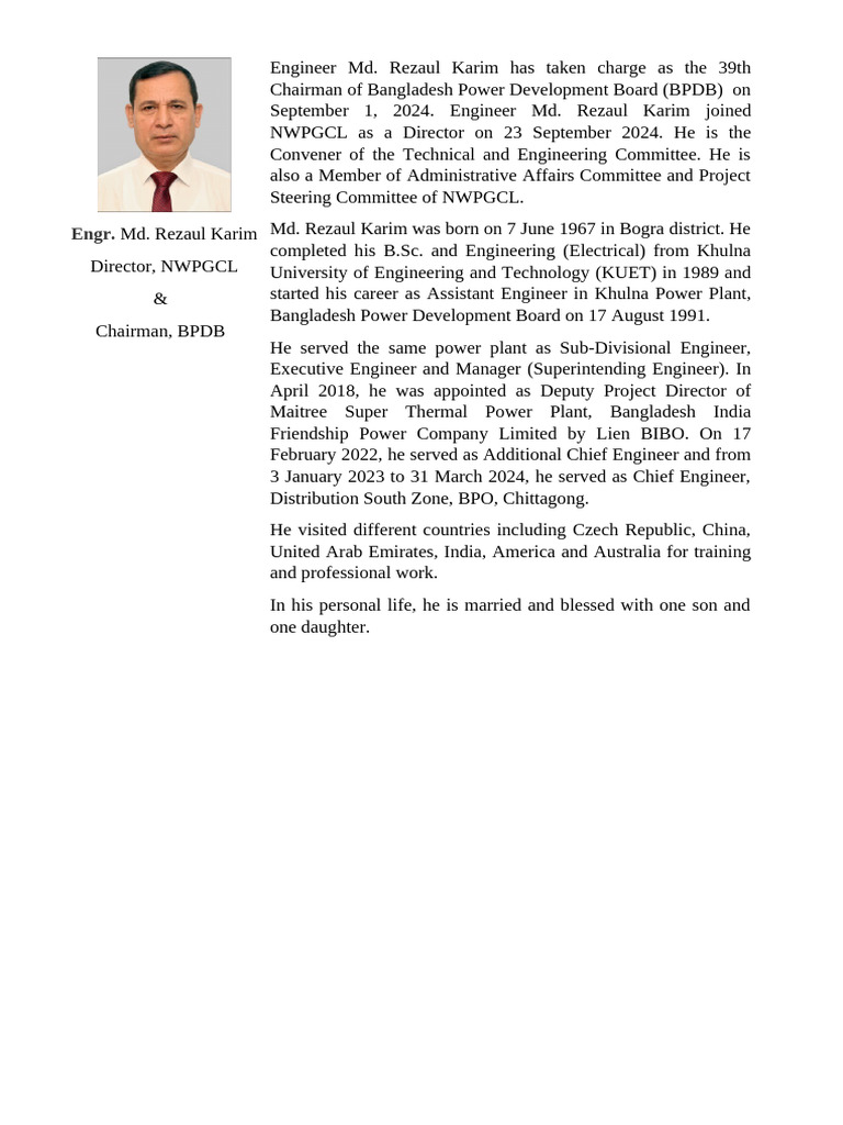 Md. Rezaul Karim: BPDB Chairman Bio | PDF