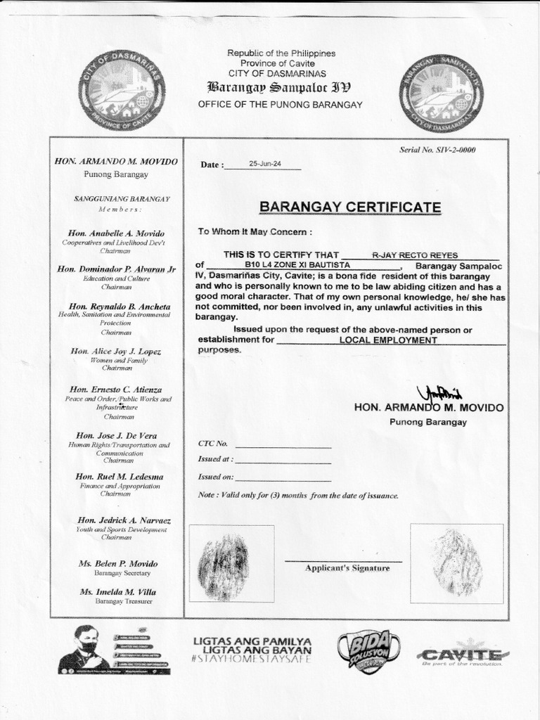 R-Jay Recto Reyes - Brgy. Cert. | PDF