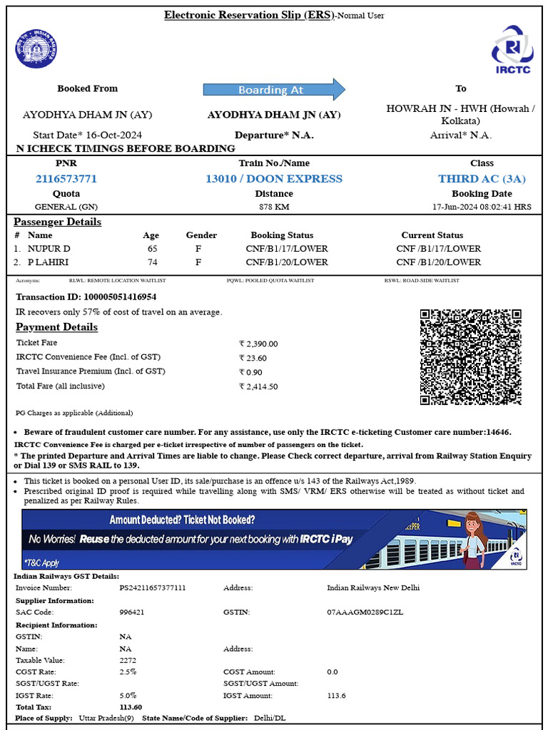 Doon Express Third Ac (3A) | PDF | Identity Document