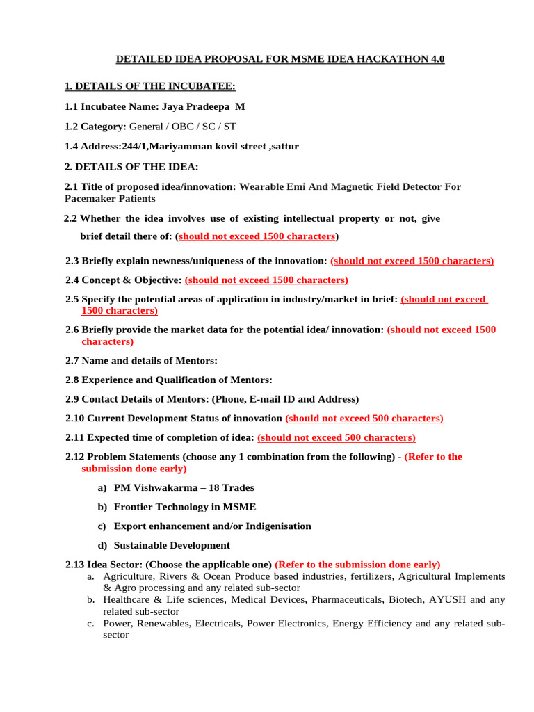 Template For Shortlisted Idea | PDF
