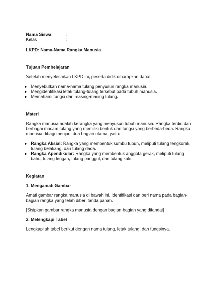 LKPD Rangka Manusia | PDF | Olahraga & Rekreasi | Seni & Disiplin Bahasa