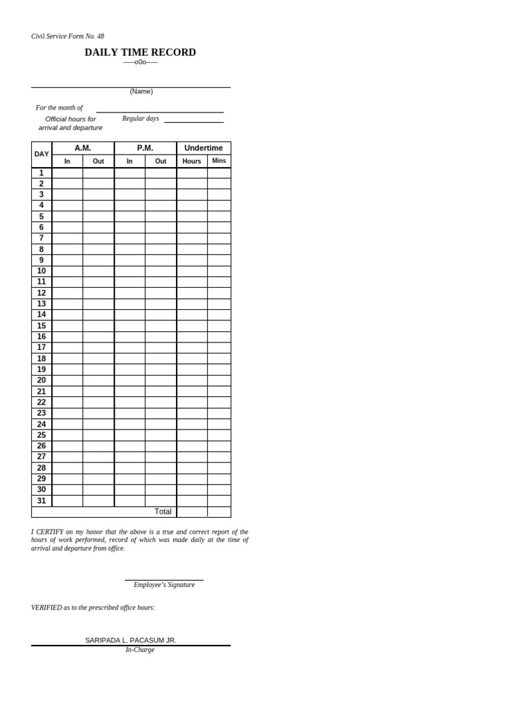 Daily Time Record Form Template | PDF