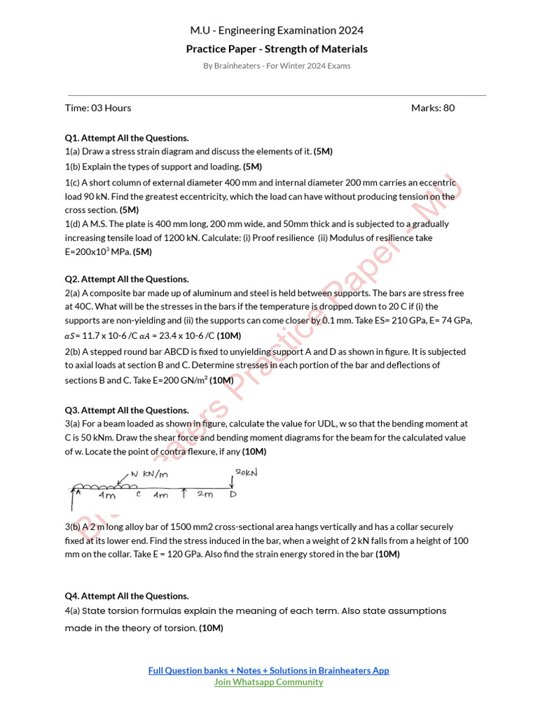 SOM Sem3 Mech Practice Paper | PDF | Bending | Beam (Structure)