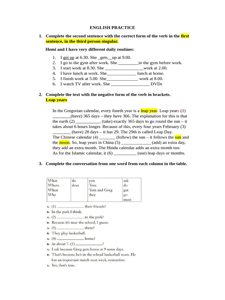 English Practice 1 Present Simple | PDF | Calendar | Linguistics