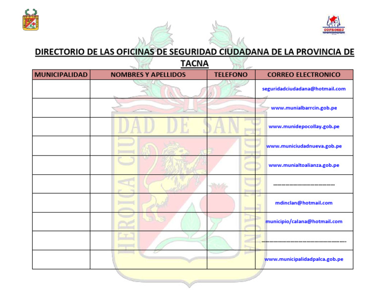 Directorio de Oficinas de Seguridad Ciudadana de La Provincia de Tacna ... Directorio de Oficinas de Seguridad Ciudadana de La Provincia de Tacna ...