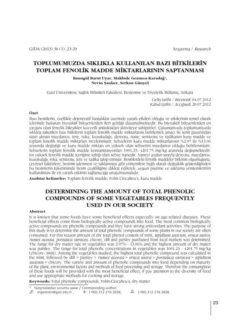 Toplumumuzda S - KL - Kla Kullan - Lan Baz - Bitkilerin Toplam Fenolik Madde Miktarlar - N - N ...