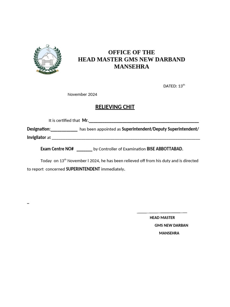 Exam Relieving Chit | PDF | Finance & Money Management