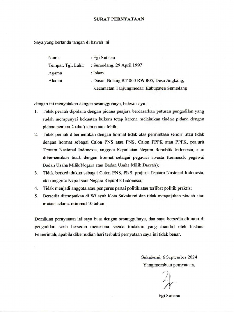 Surat Pernyataan - Egi Sutisna | PDF